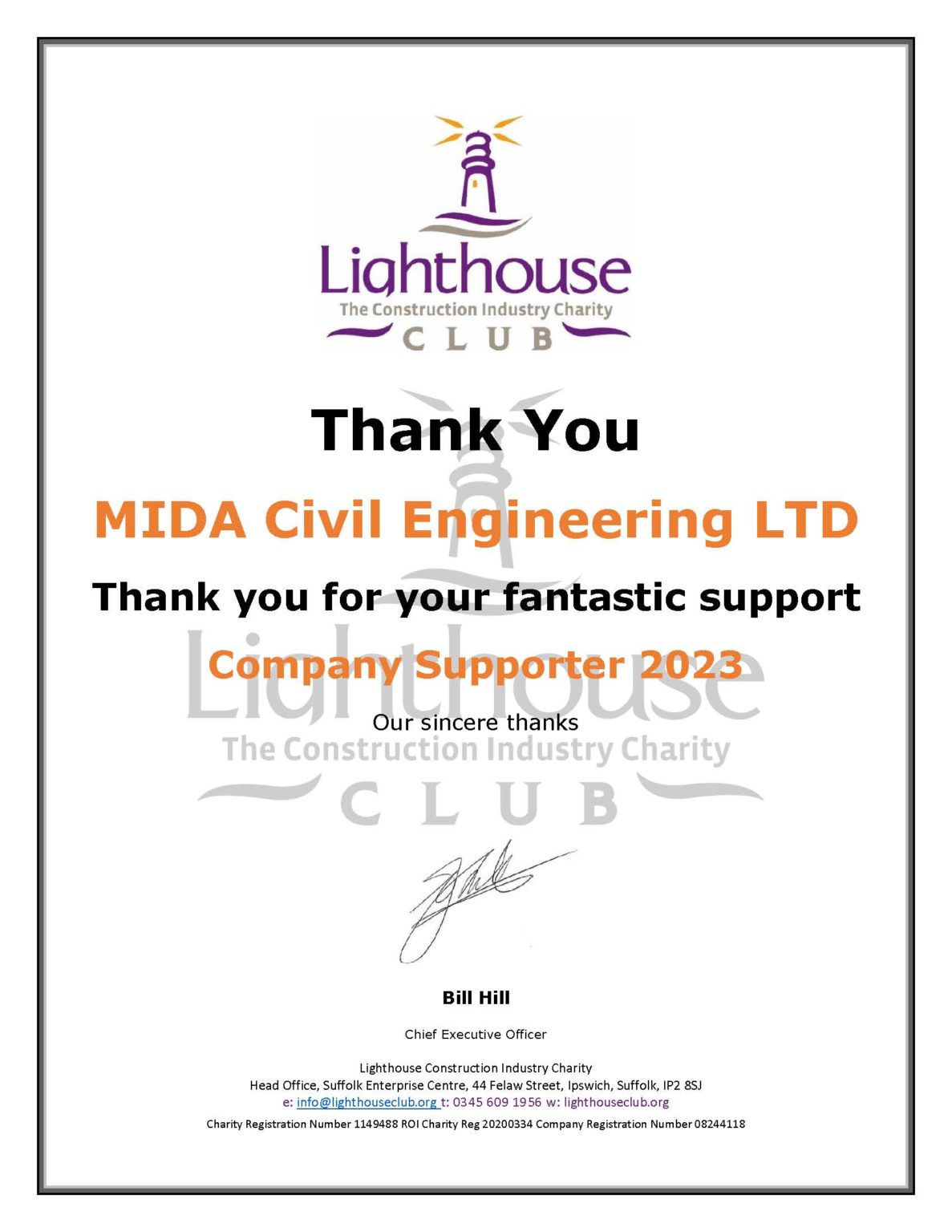 MIDA Civils become a supporter of the Lighthouse Club - MIDA Civil Engineering LTD